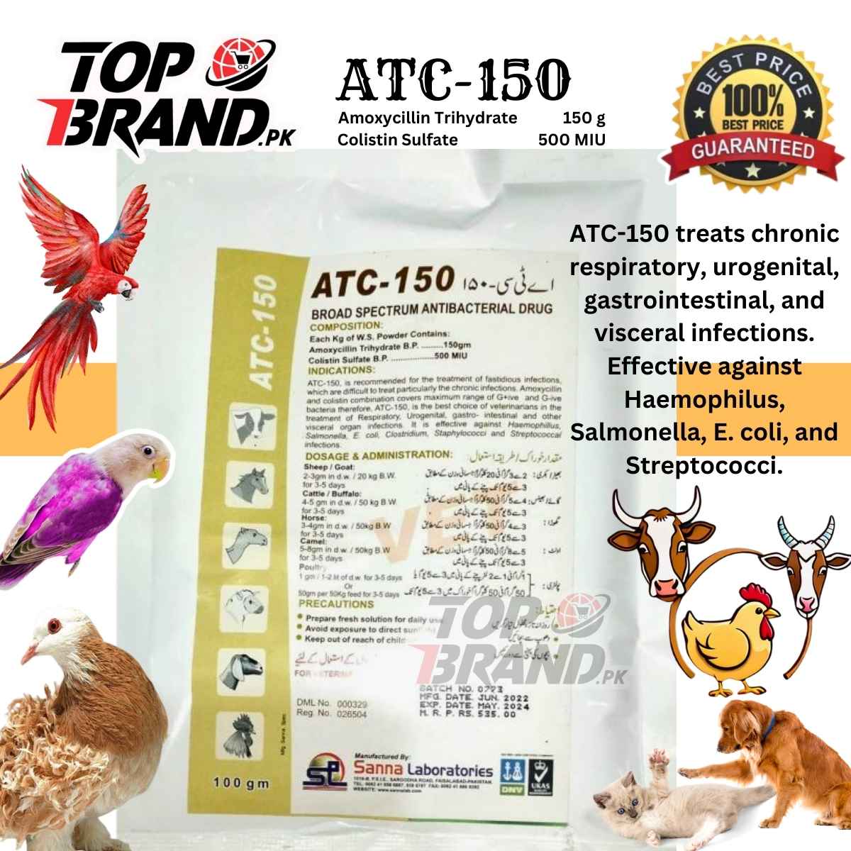 ATC 150 (Amoxycllin Trihydrate + Colistin Salphate) 100g for Birds and ...